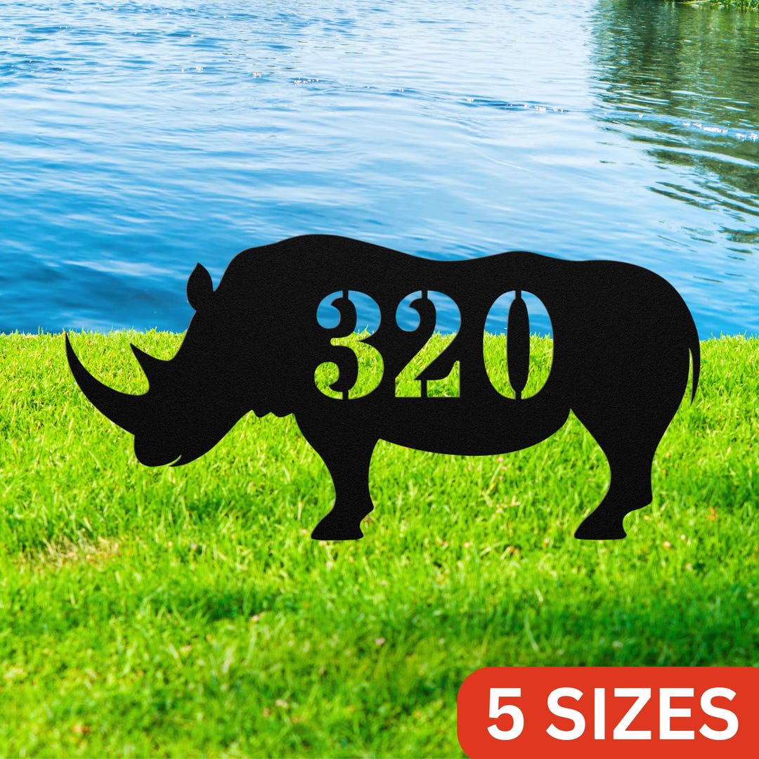 Personalized Rhino Address Yard Sign, Rhino Metal Garden Statue Stake ...