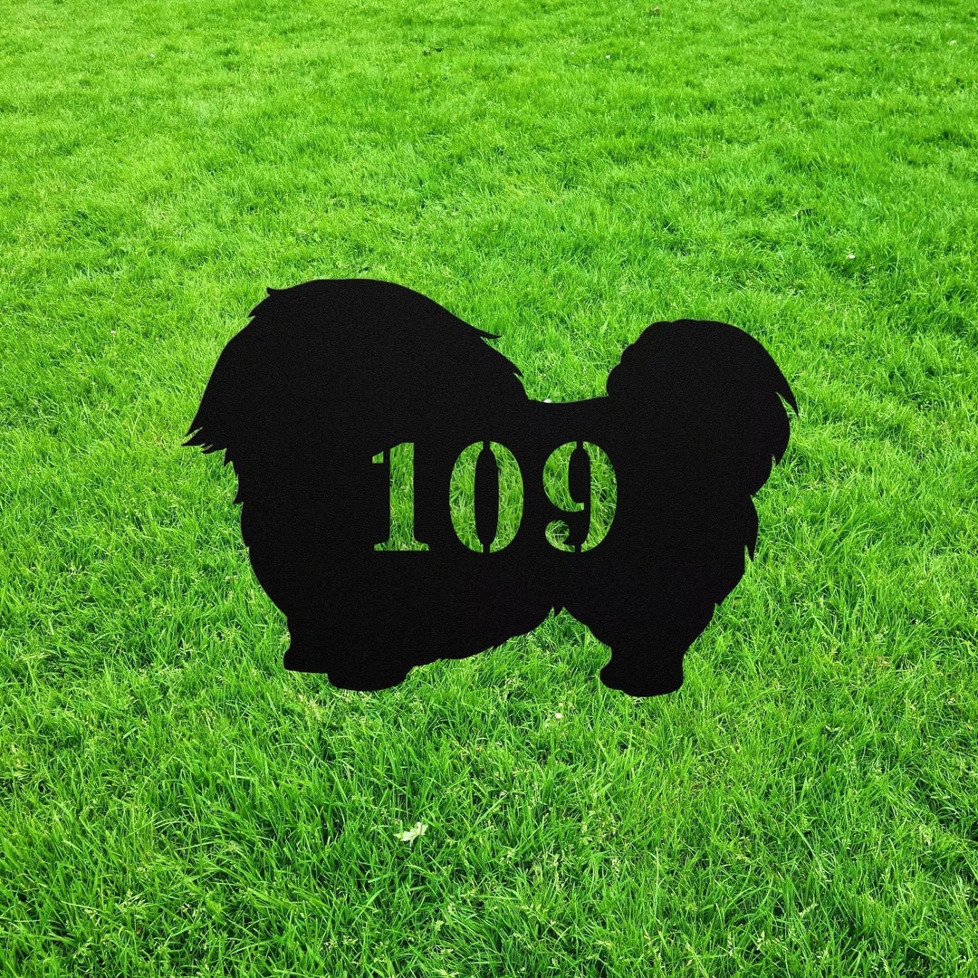 Pekingese House Number Sign Yard Address Plaque Garden Lawn Stake Metal ...