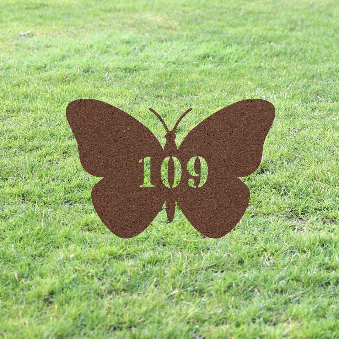 Butterfly House Number Sign Yard Address Plaque Garden Lawn Stake Metal ...