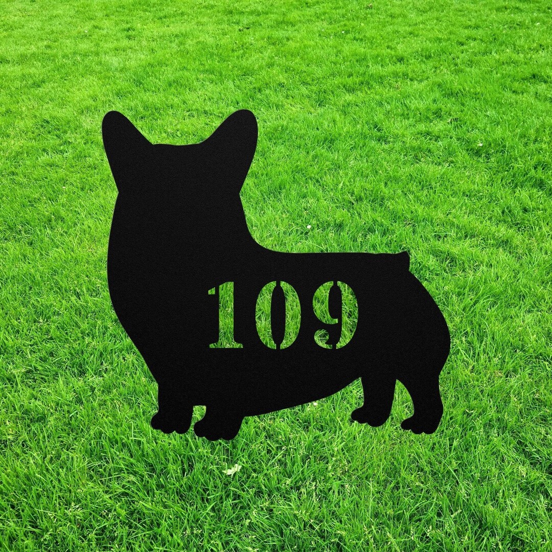 Corgi House Number Sign Yard Address Plaque Garden Lawn Stake Metal ...