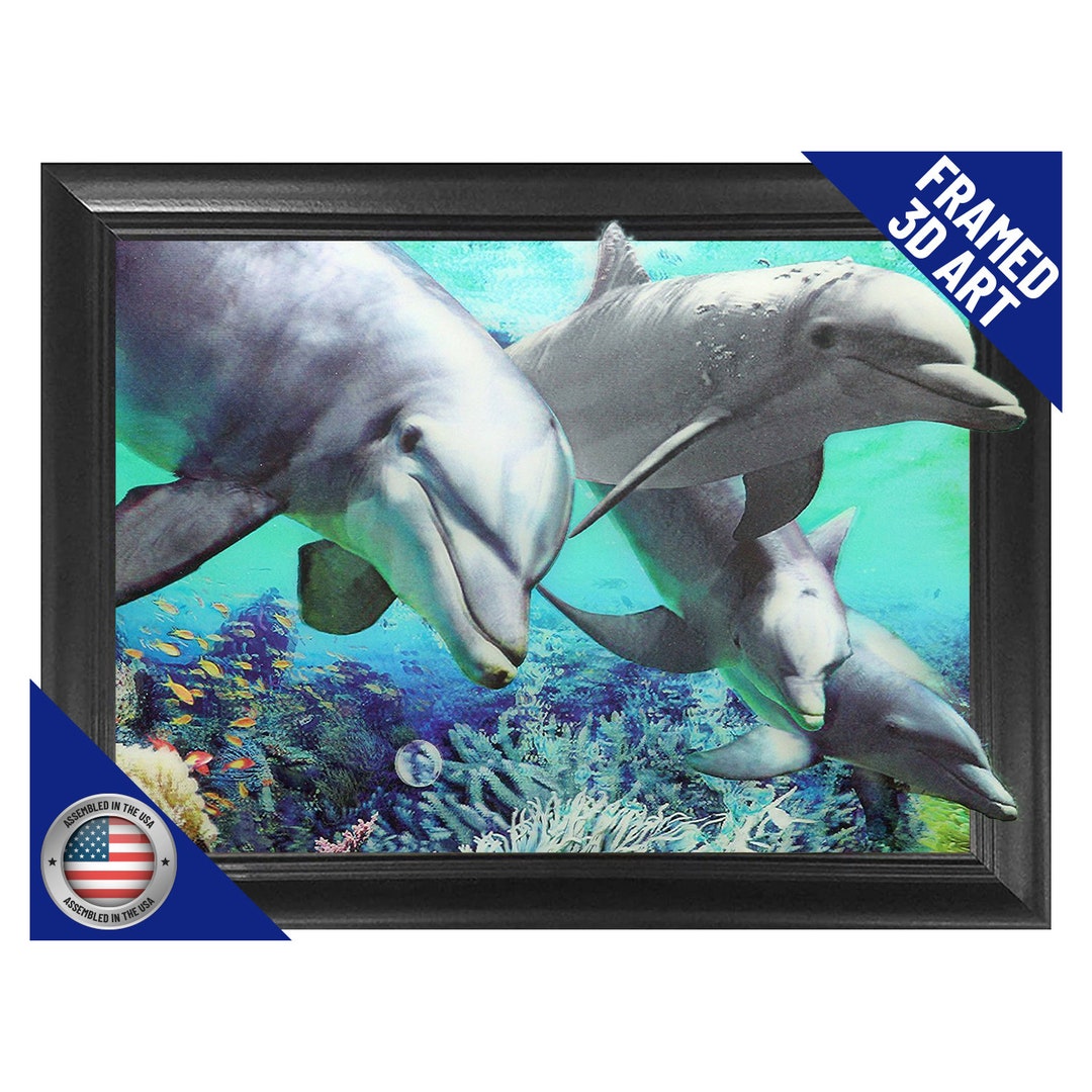 Dolphins Green 3D Art Decor Framed Print 14.5x18.5 Lenticular Pictures ...