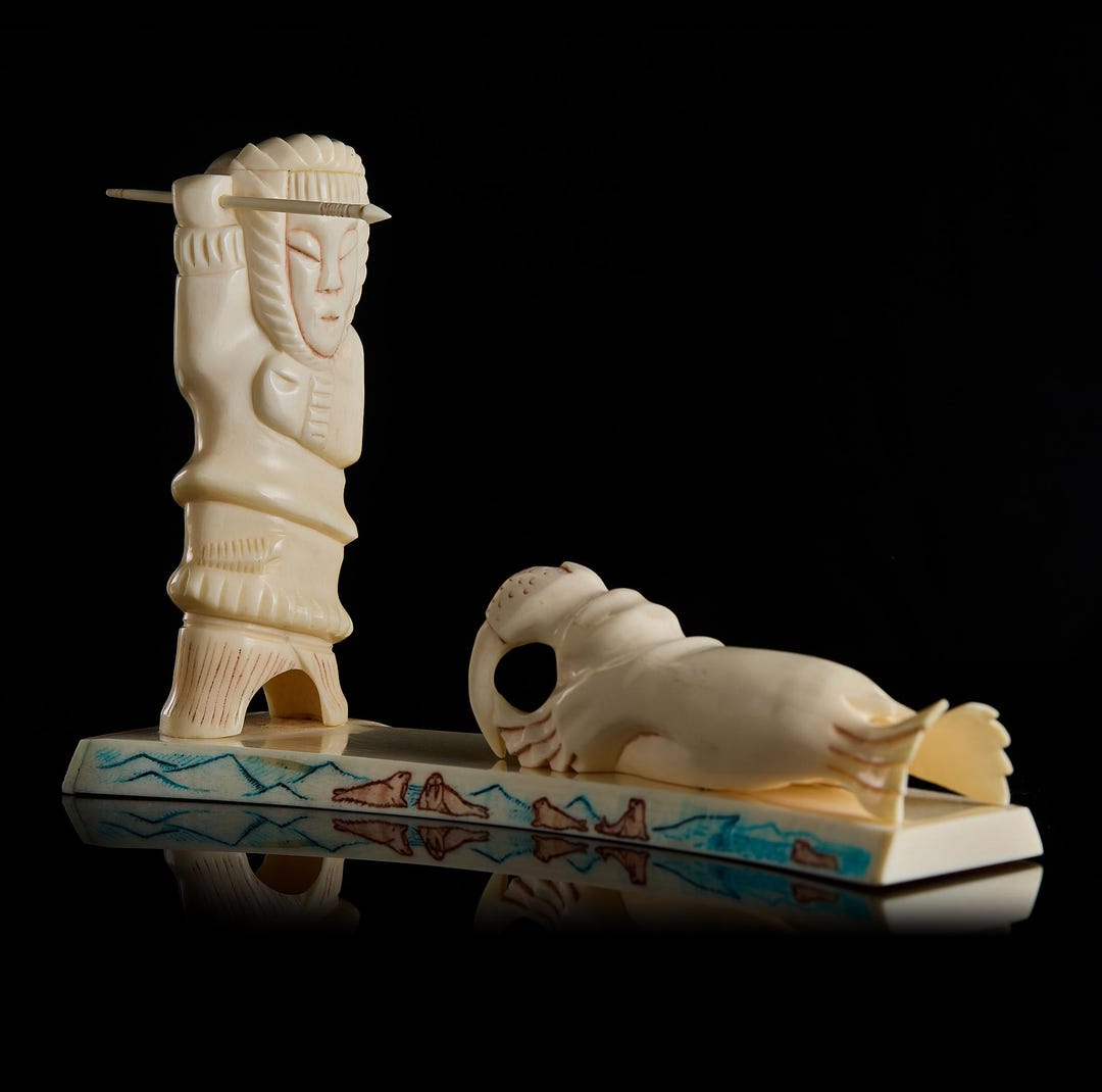 Carved Inuit Sculpture: Arctic Vintage Eskimo Scene, Authentic Inuit ...