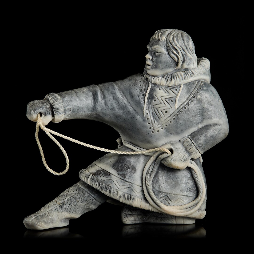 Eskimo Hunter Figurine – Inuit Style Sculpture With Rope | Chukchi ...