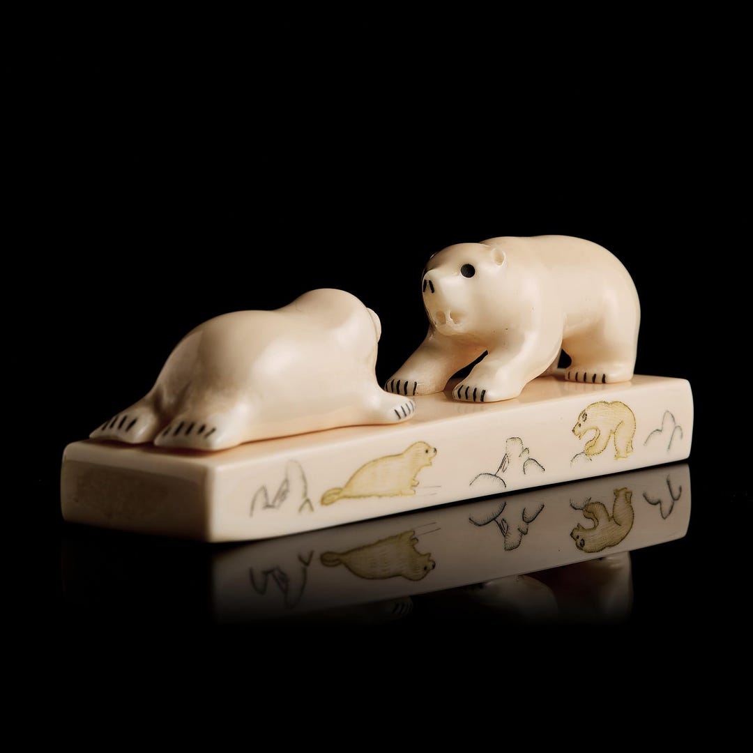 Vintage Inuit Yupik Eskimo Sculpture Composition "polar Bear Cub ...