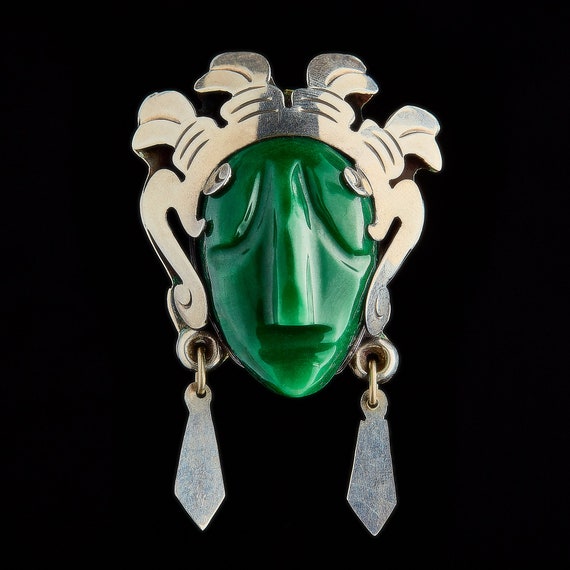 Rare antique carved jade and sterling silver mask bro… - Gem