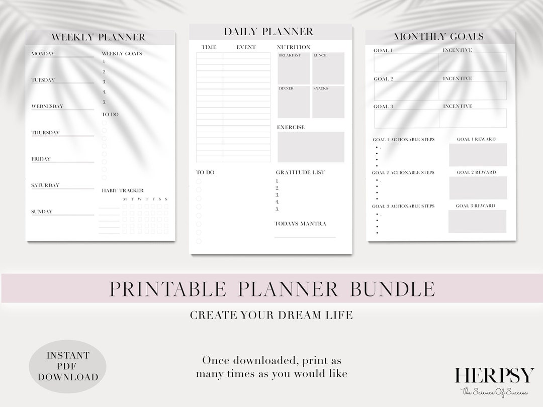 Printable Planner Bundle, Daily Planner, Weekly Planner, Monthly Goals ...
