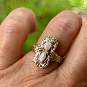 Vintage Genuine Australian Opal Gold Ring, Opal Ruby Vintage Ring, Victorian Style Opal Ring ...