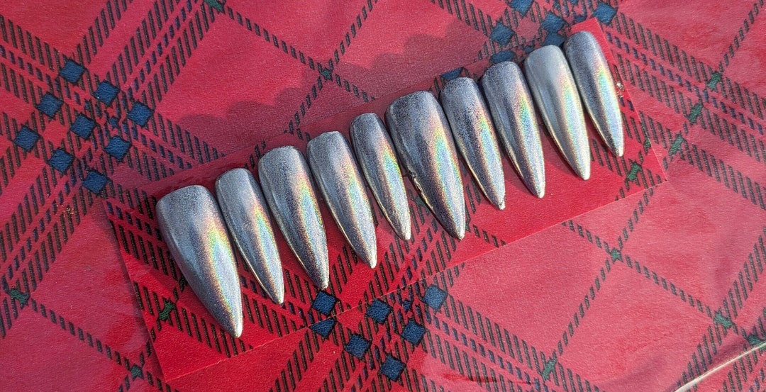 Holographic Chrome, Stiletto, Press on Nails, Reuseable, Handemade. Glue On, Fake Nails, Pointy ...