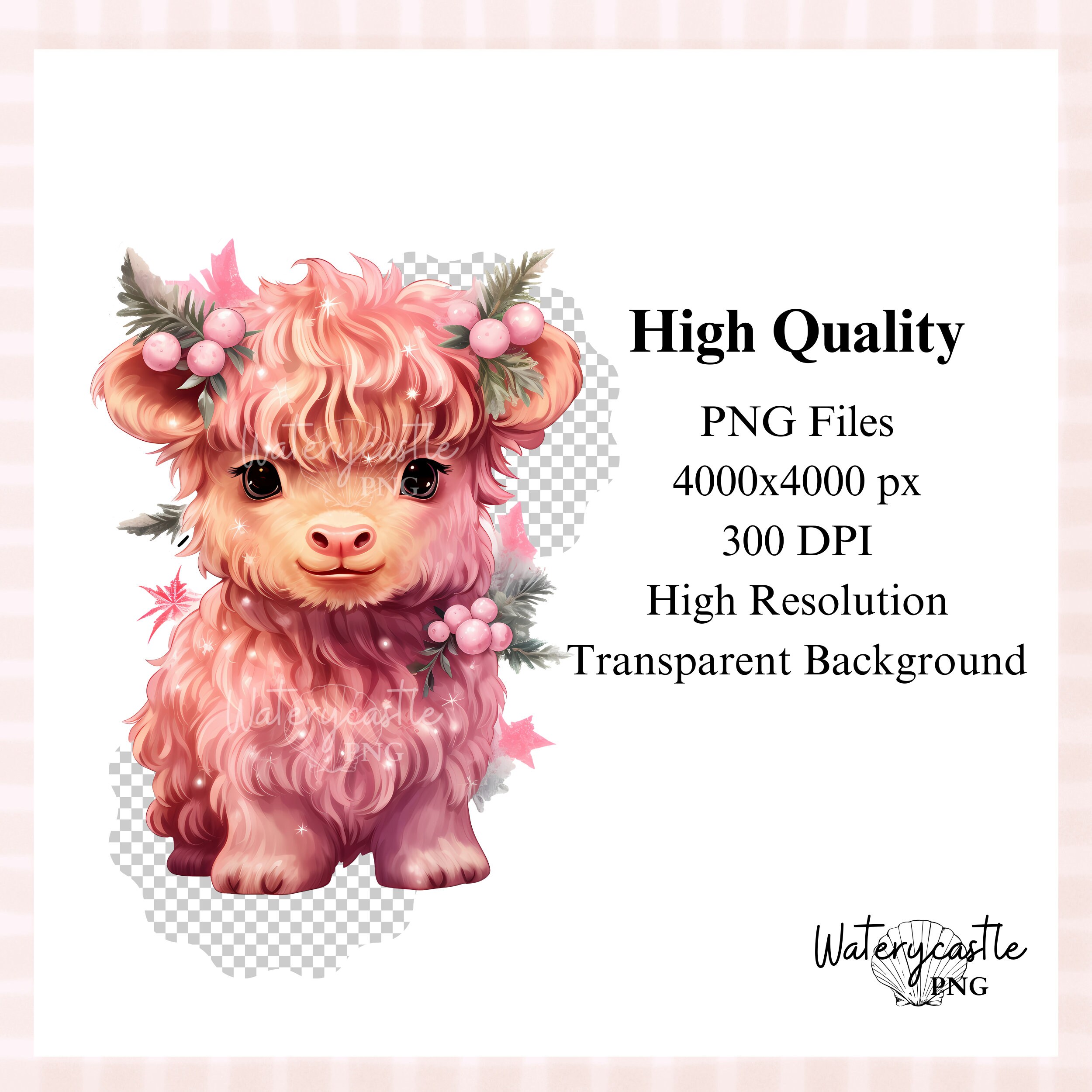 Cute Pink Christmas Highland Cow Clipart, Sublimation Design, Baby ...