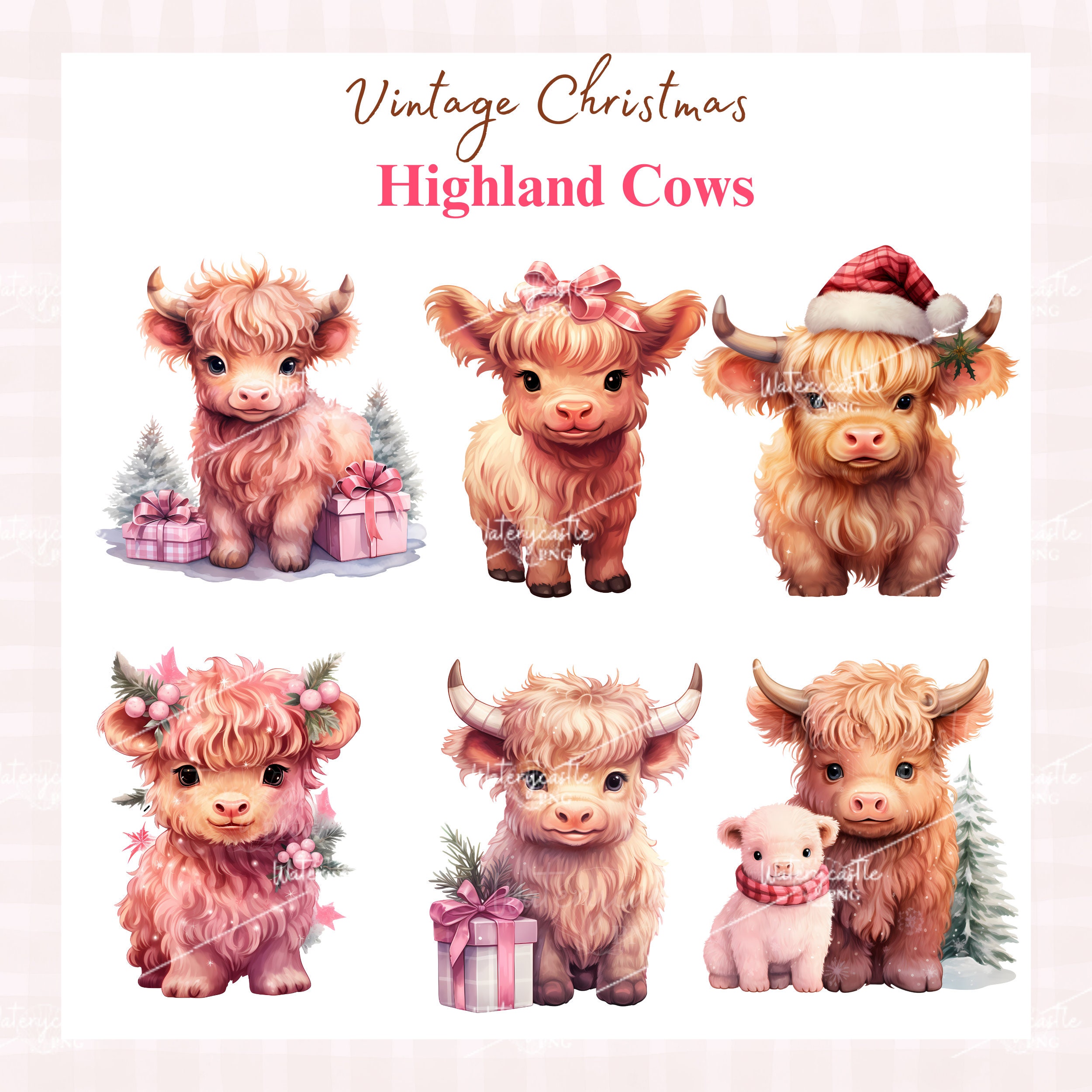 Cute Pink Christmas Highland Cow Clipart, Sublimation Design, Baby ...