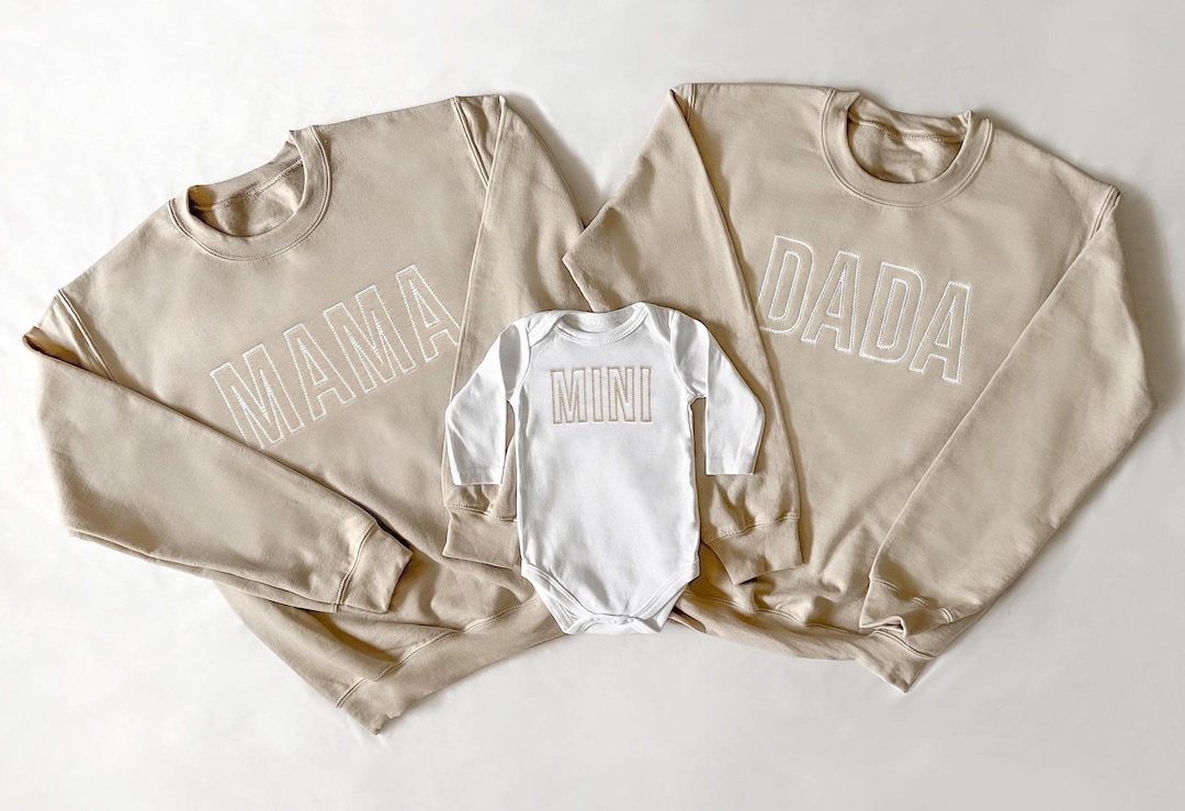 Mama, Dada and Mini Embroidered Matching Beige Mom, Dad and Toddler ...