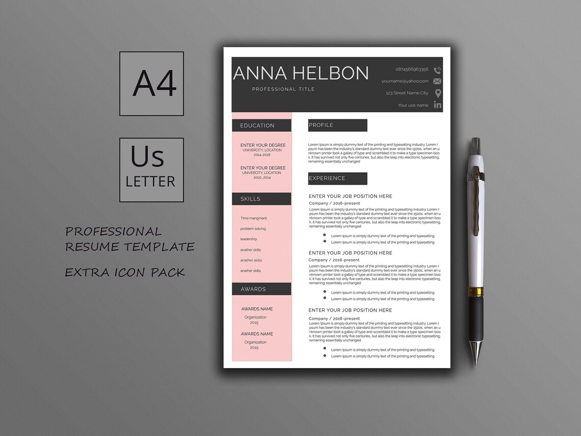 Resume Template for Word 1 & 2 Page Professional Resume Template, Cover ...