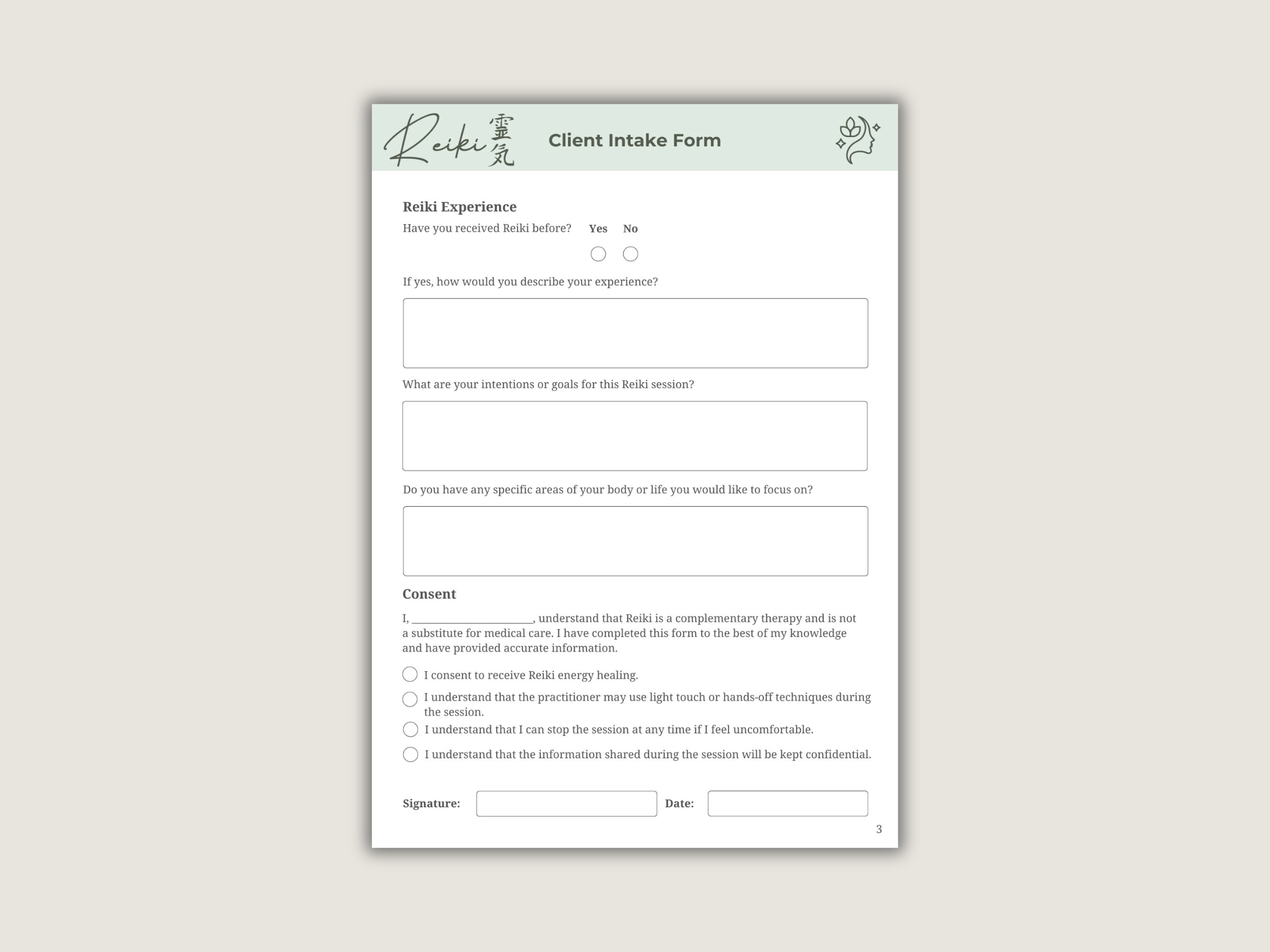 Reiki Client Intake Form Reiki Therapist Form Reiki Session Form Reiki ...