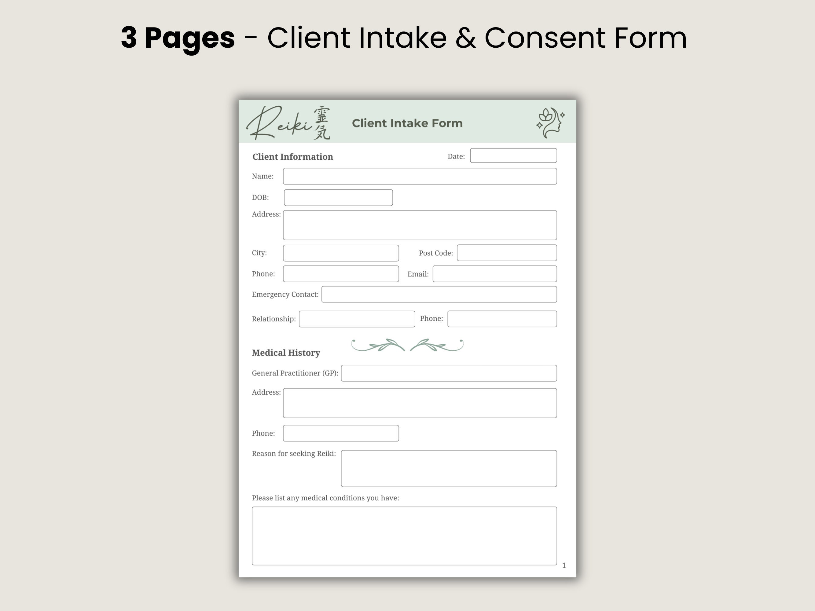 Reiki Client Intake Form Reiki Therapist Form Reiki Session Form Reiki ...