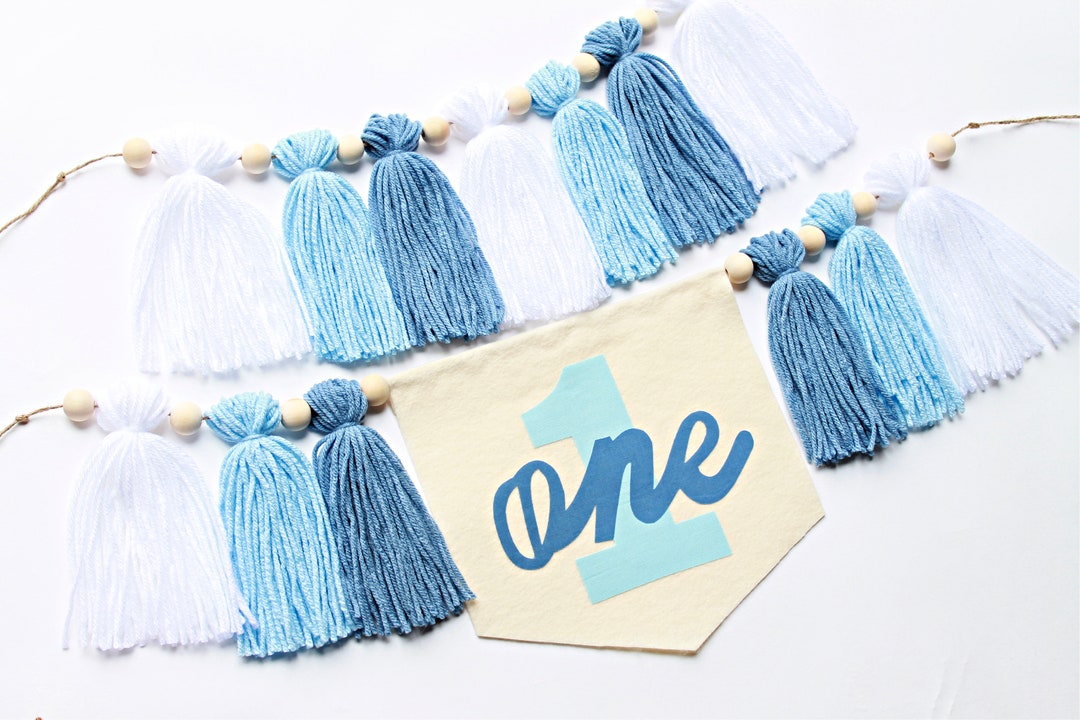 Shades of Blue First Birthday Banner, Yarn Tassel First Birthday Banner ...