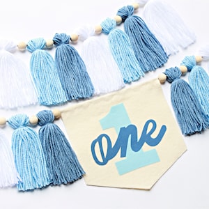 Shades of Blue First Birthday Banner, Yarn Tassel First Birthday Banner ...