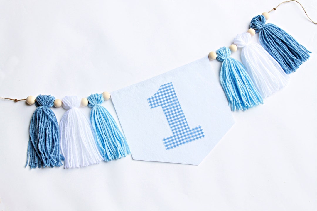 Light Blue One First Birthday Banner, Yarn Tassel First Birthday Banner ...