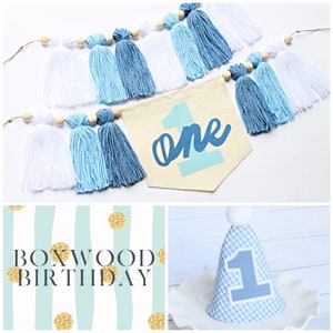 Shades of Blue First Birthday Banner, Yarn Tassel First Birthday Banner ...