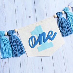 Shades of Blue First Birthday Banner, Yarn Tassel First Birthday Banner ...
