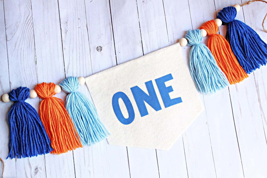 Blue & Orange One First Birthday Banner, Yarn First Birthday Banner ...