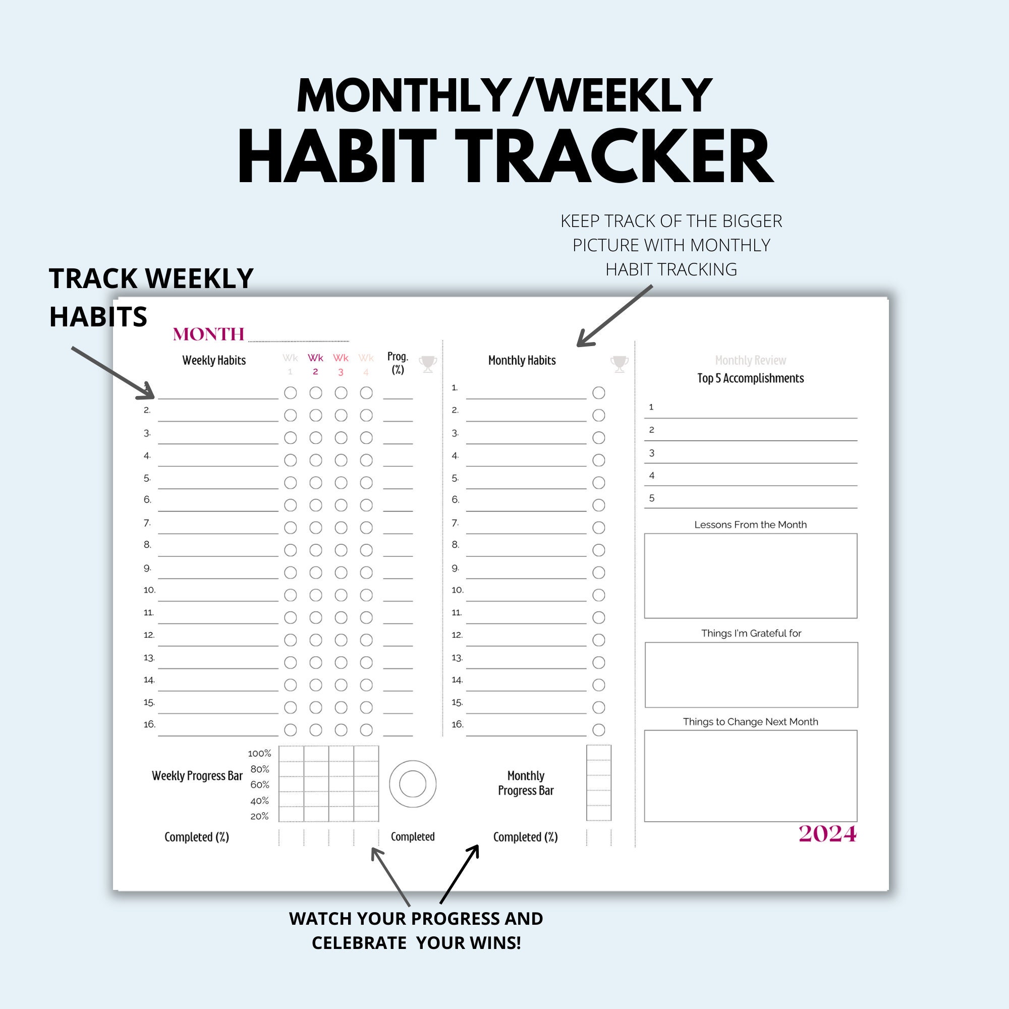 Habit Tracker Printable Goal Planner Weekly Habit Tracker Monthly Habit ...