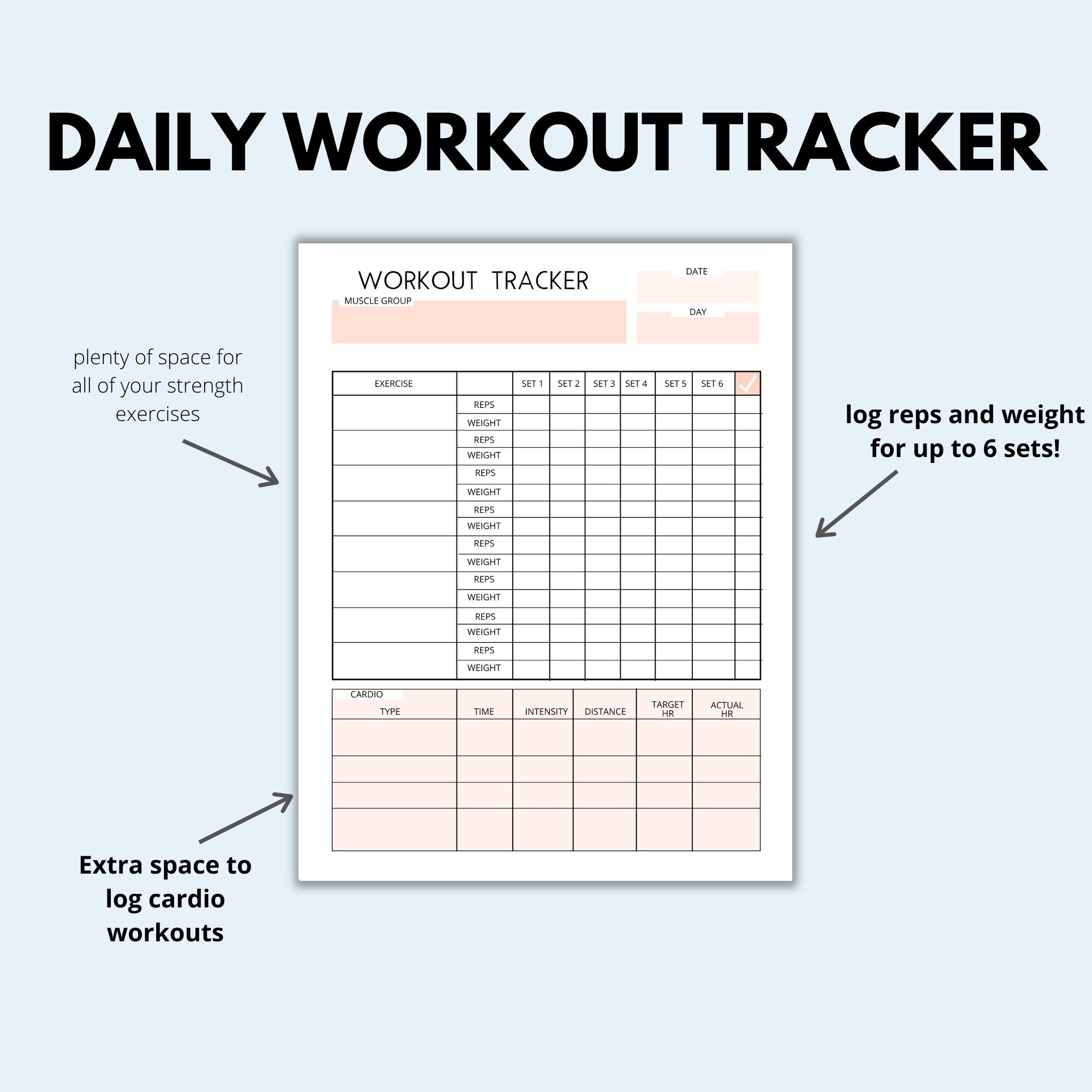 Daily Workout Log | Workout Tracker | Printable Exercise Log | Strength ...