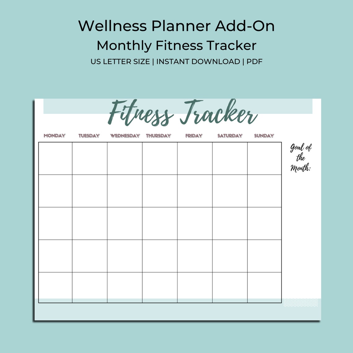 Monthly Fitness Tracker Monthly Goal Planner Workout | Etsy