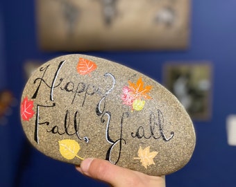 Hello Fall Painting on Rock, Rustic Painted Stone, Big Pebble for ...