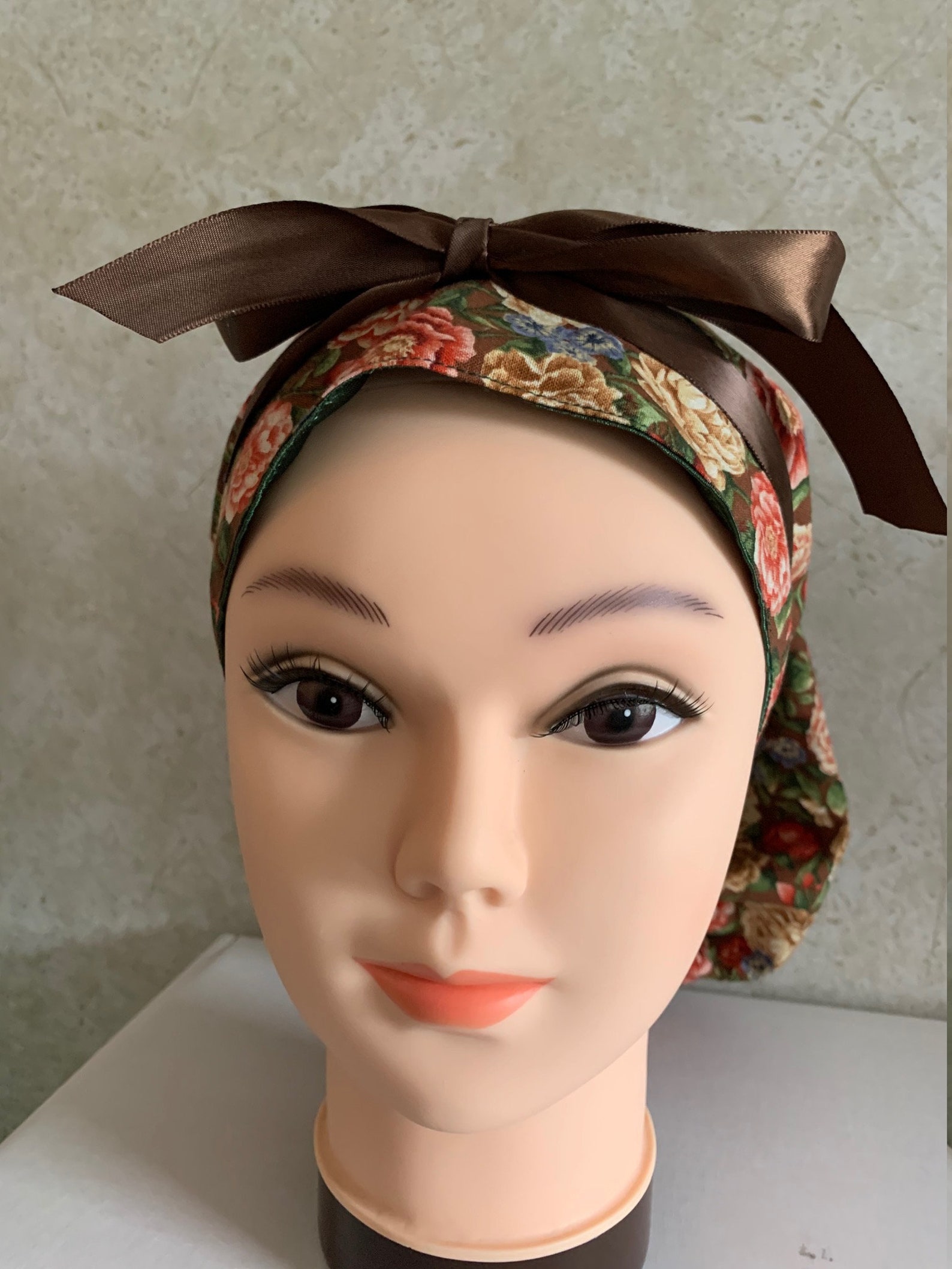 Satin Scrub Bonnet- ONE of a KIND! Autumn Floral Print Lined With Dark ...