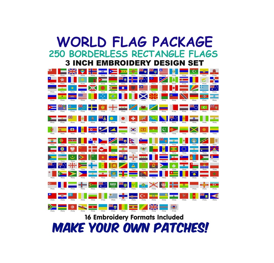 250 Borderless Rectangle 3x2 Inch Flag Designs - for Machine Embroidery ...