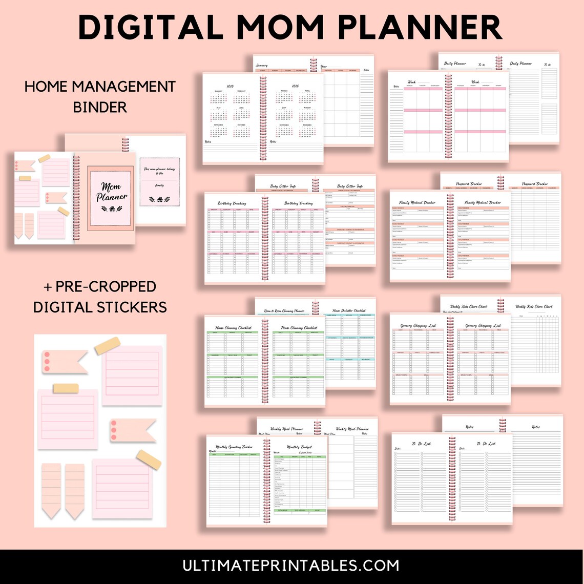 Undated Digital Mom Planner Digital Stickers Digital Home Management ...