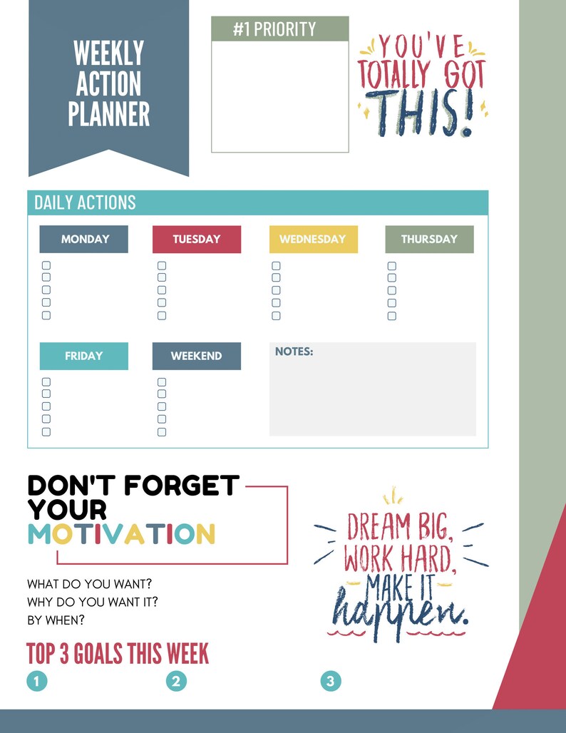 Weekly Action Planner | Goal Planner | Goal Setting - Etsy
