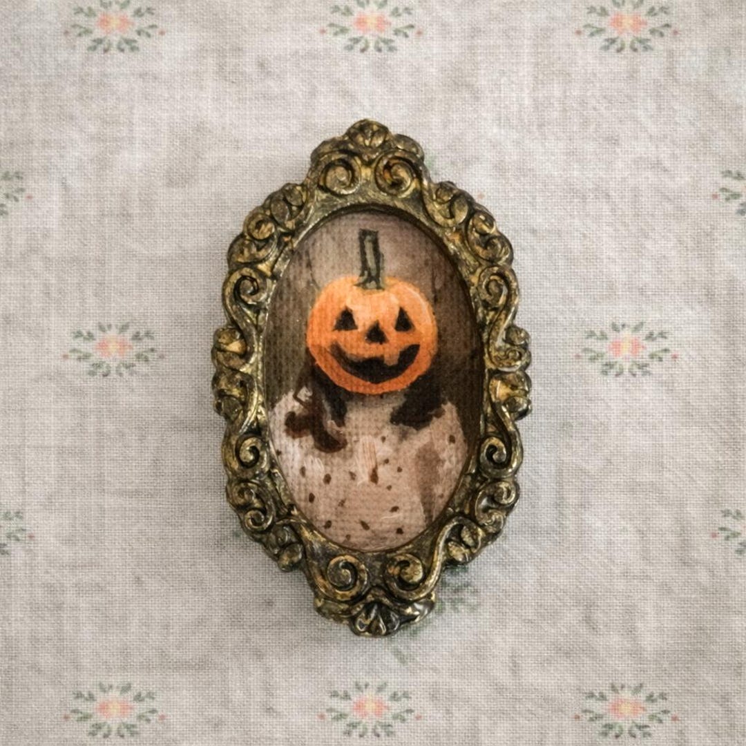 Τiny Halloween Oil Painting : Pumpkinhead Girl in Oval Vintage Frame ...
