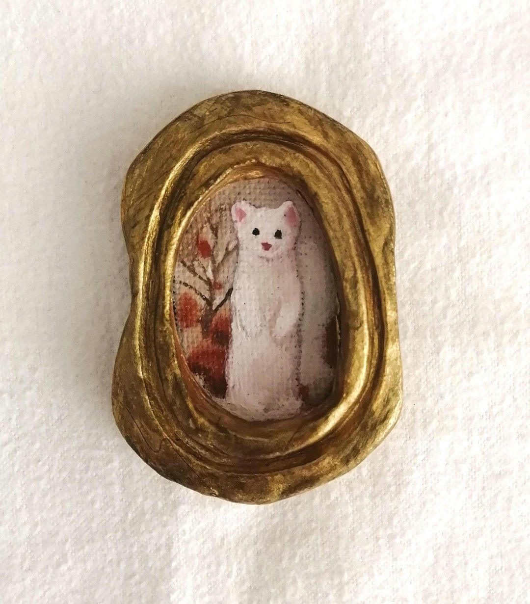 Miniature Ermine Oil Painting : Forest Animal Art in Handmade Gold ...