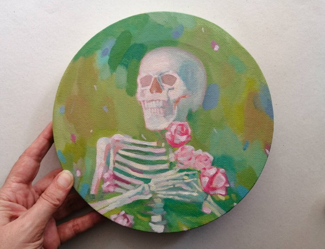 Original Human Skeleton Painting on Round Canvas, Pastel Goth Wall ...