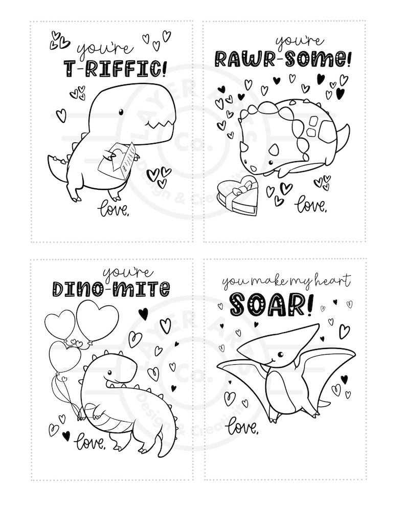 Dinosaur Valentine’s Day Cards Colorable Printable - Etsy