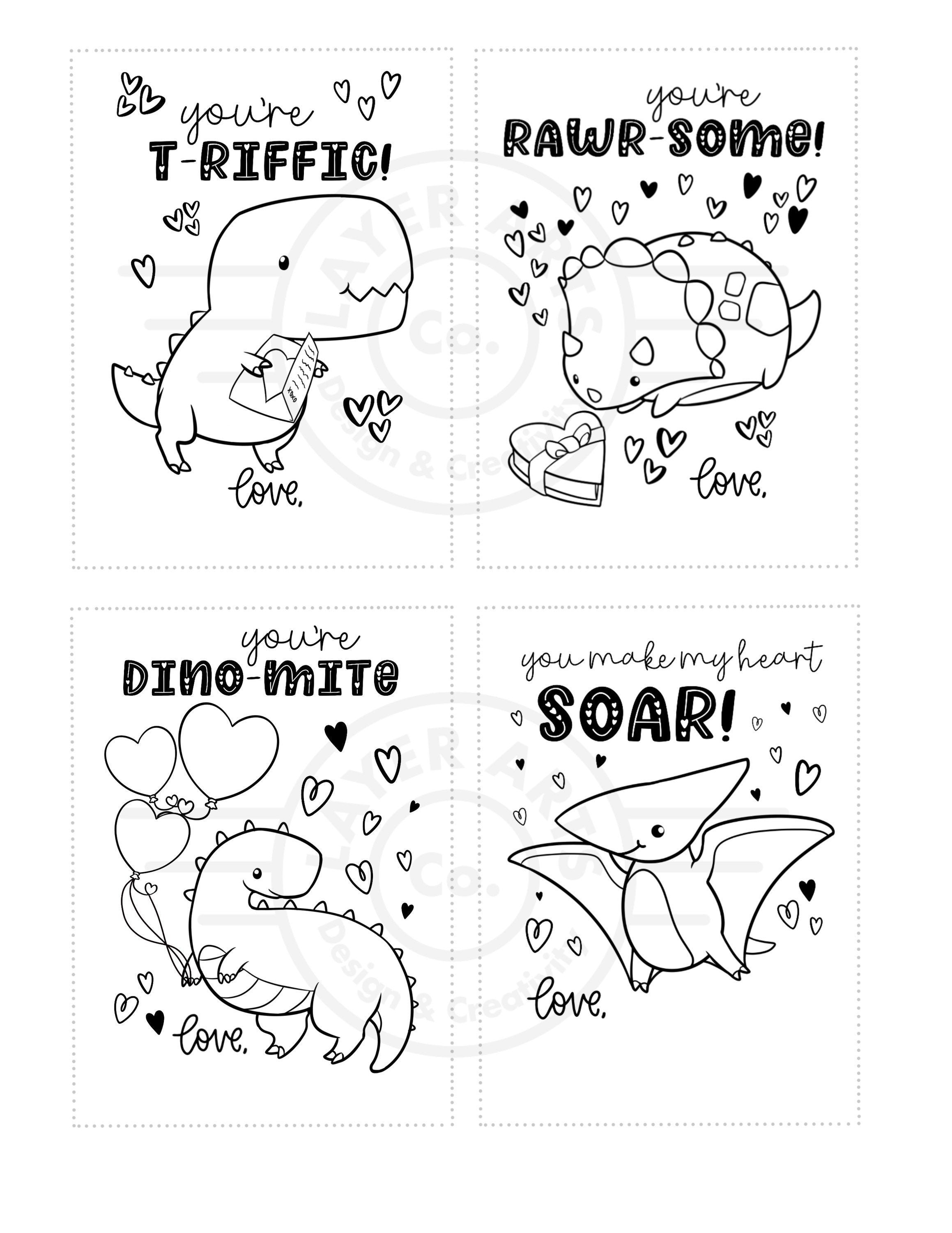 Dinosaur Valentine’s Day Cards Colorable Printable - Etsy