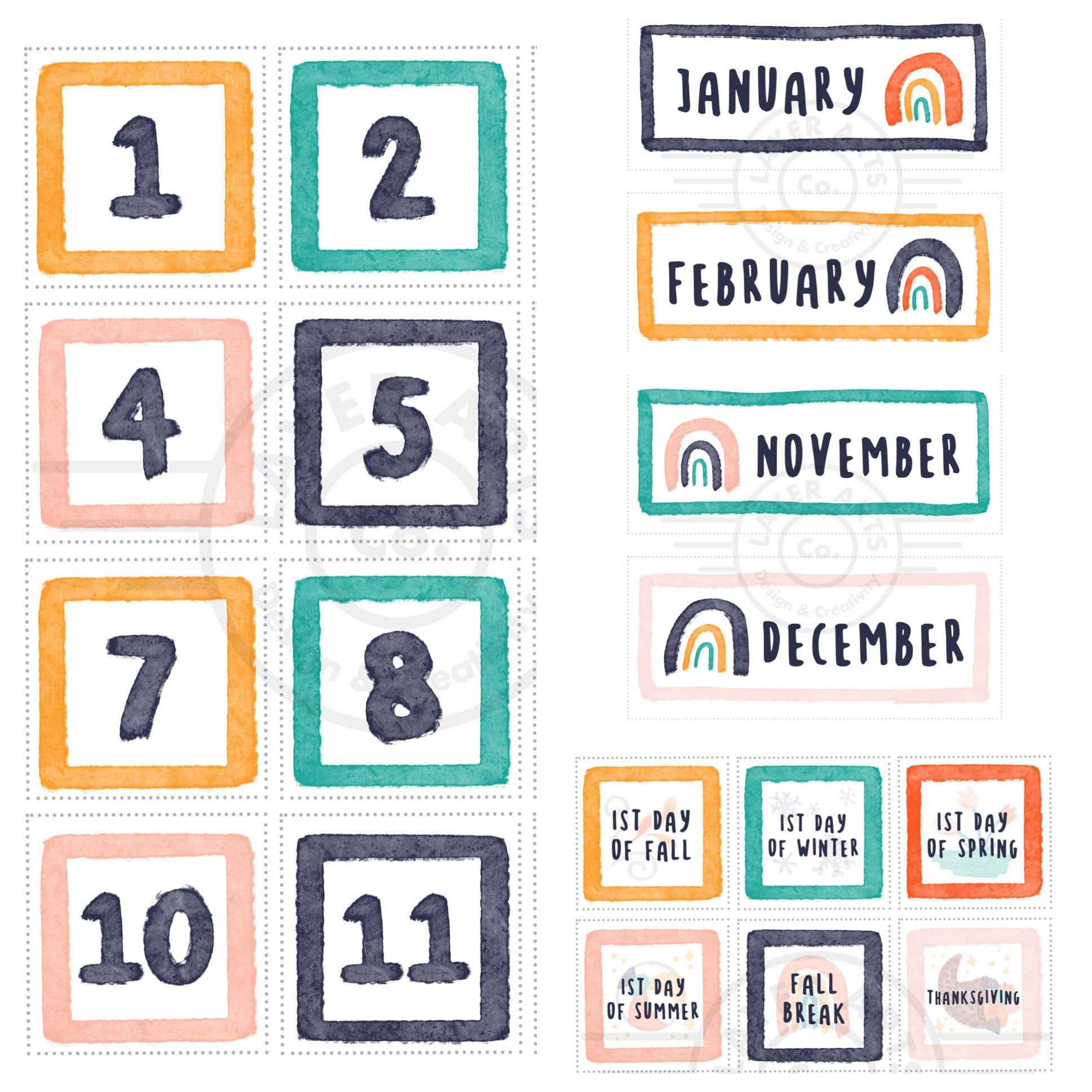 BUNDLE - Calendar Months and Numbers Rainbow Themed Classroom Printable ...