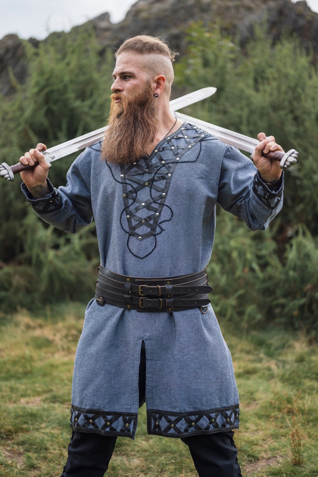 Viking Tunic With Real Leather Applications Blue - Etsy