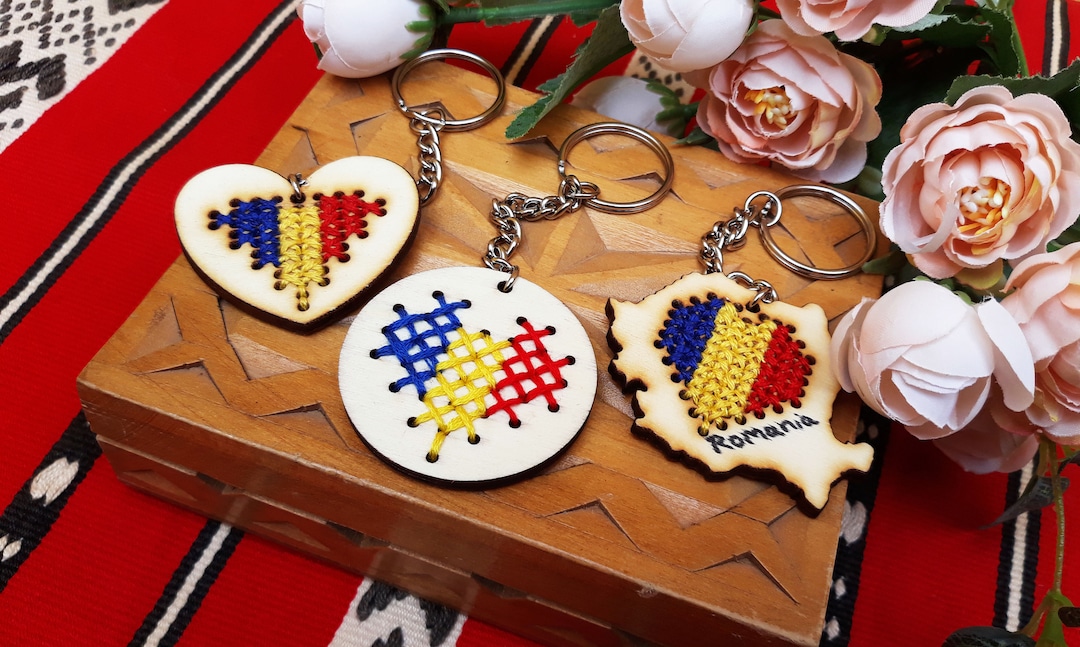 Handmade Romanian Flag Wooden Keychain: Cross-stitch Embroidery - Etsy