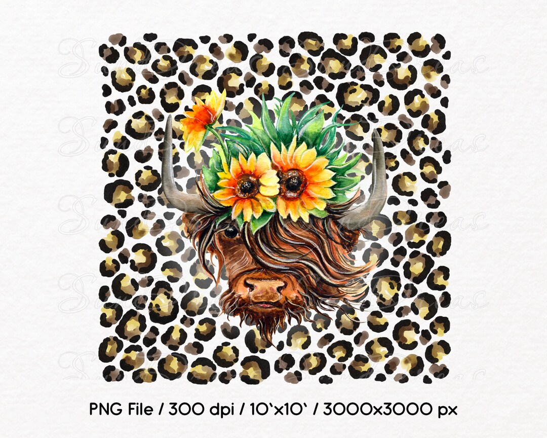 Highland Cow Leopard Background Print PNG, Watercolor Highland Cow With ...