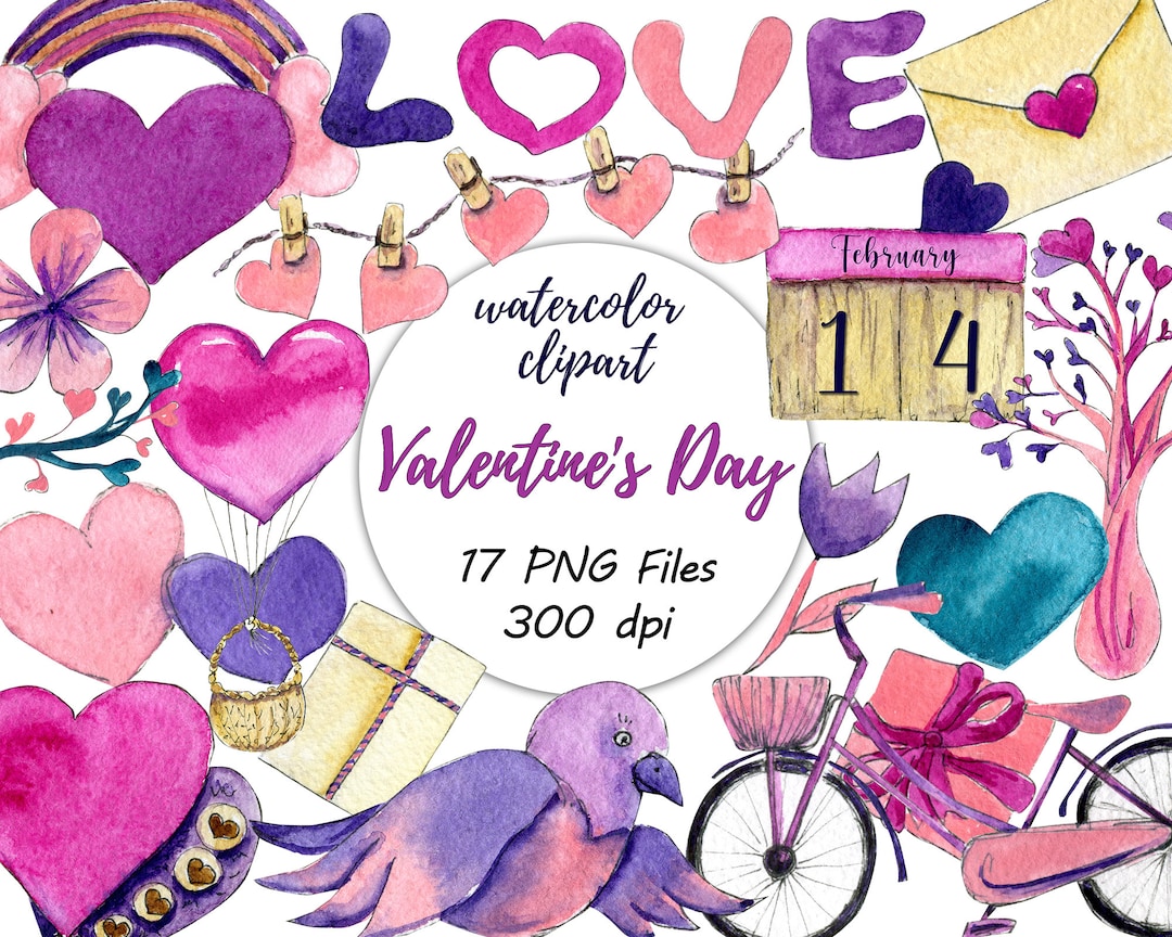 Valentine's Day Watercolor Clipart, Hearts Clipart, Bright Watercolor ...
