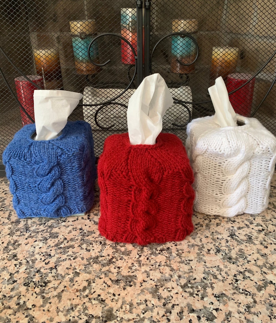 Knit Tissue Box Cover Cube Red Blue White Grey Purple Cables Boutique ...