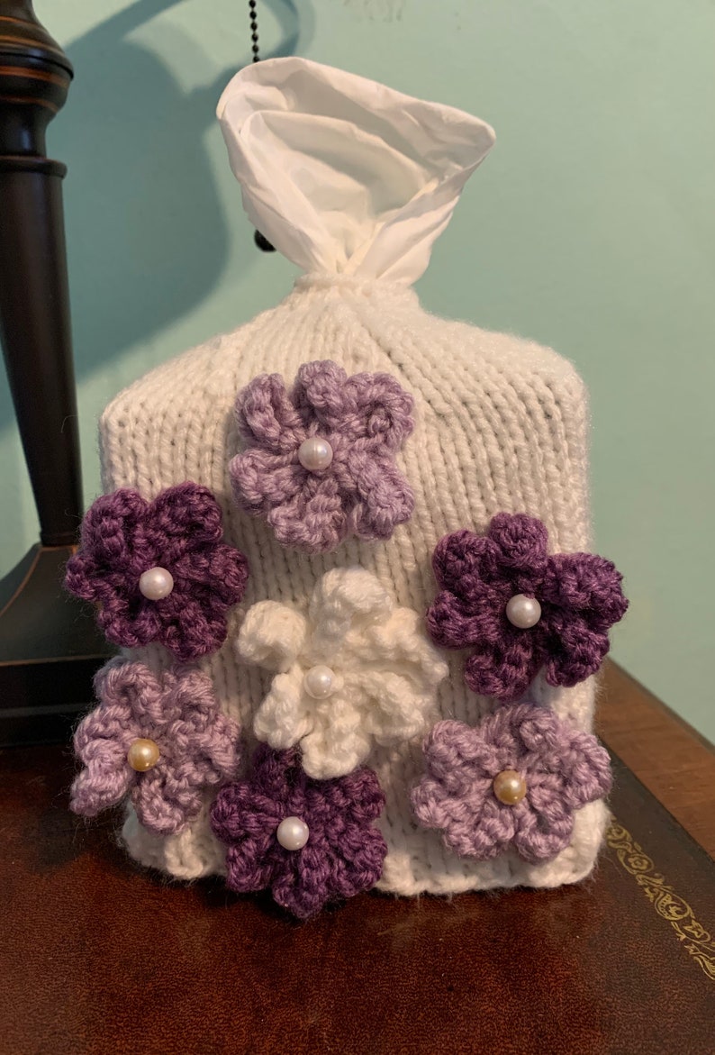 Knit Tissue Box Cover Purple & Lavender Flowers on White Cube Shape - Etsy