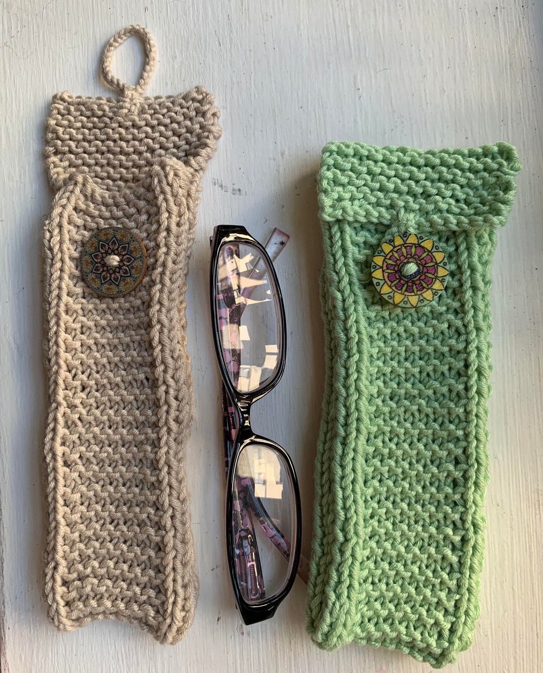 Handknit Eyeglass Case Readers Button Knit Case for Eyeglasses Beige ...