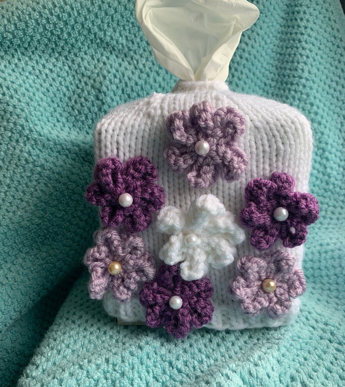 Knit Tissue Box Cover Purple & Lavender Flowers on White Cube Shape - Etsy