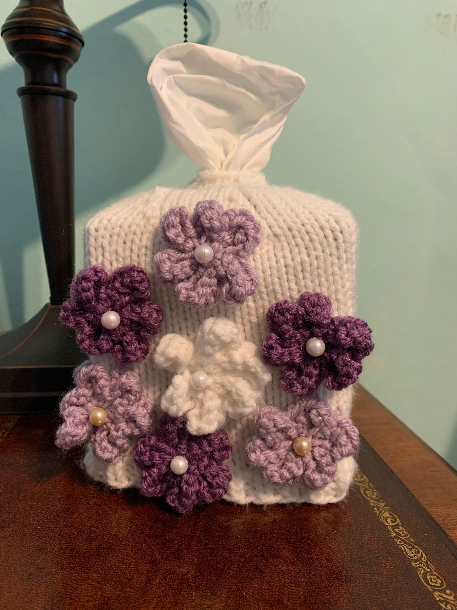 Knit Tissue Box Cover Purple & Lavender Flowers on White Cube Shape - Etsy
