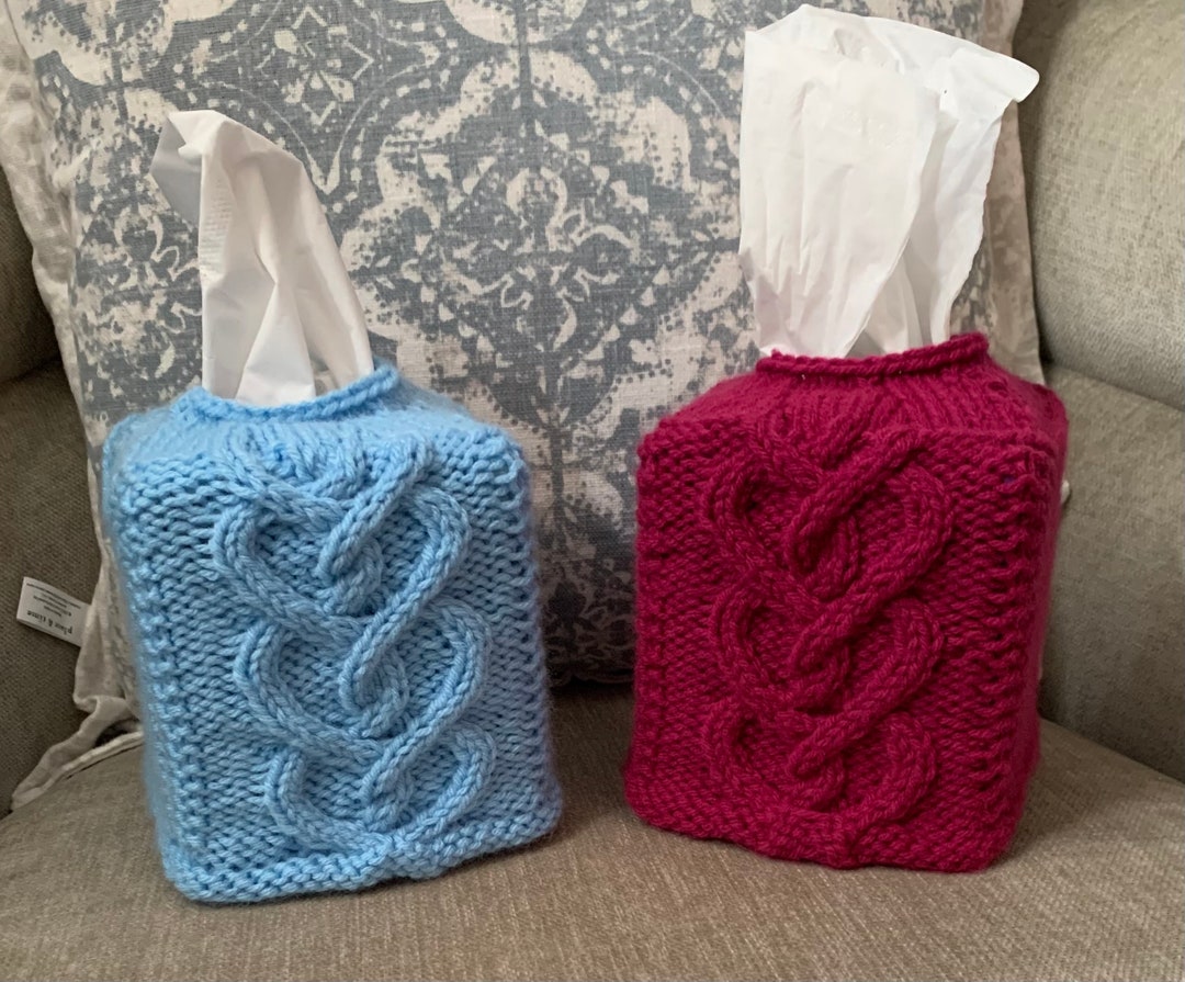 Handknit Tissue Box Cover Heart Cables Bedroom Bathroom Living Room Decor Blue Purple Lavender ...