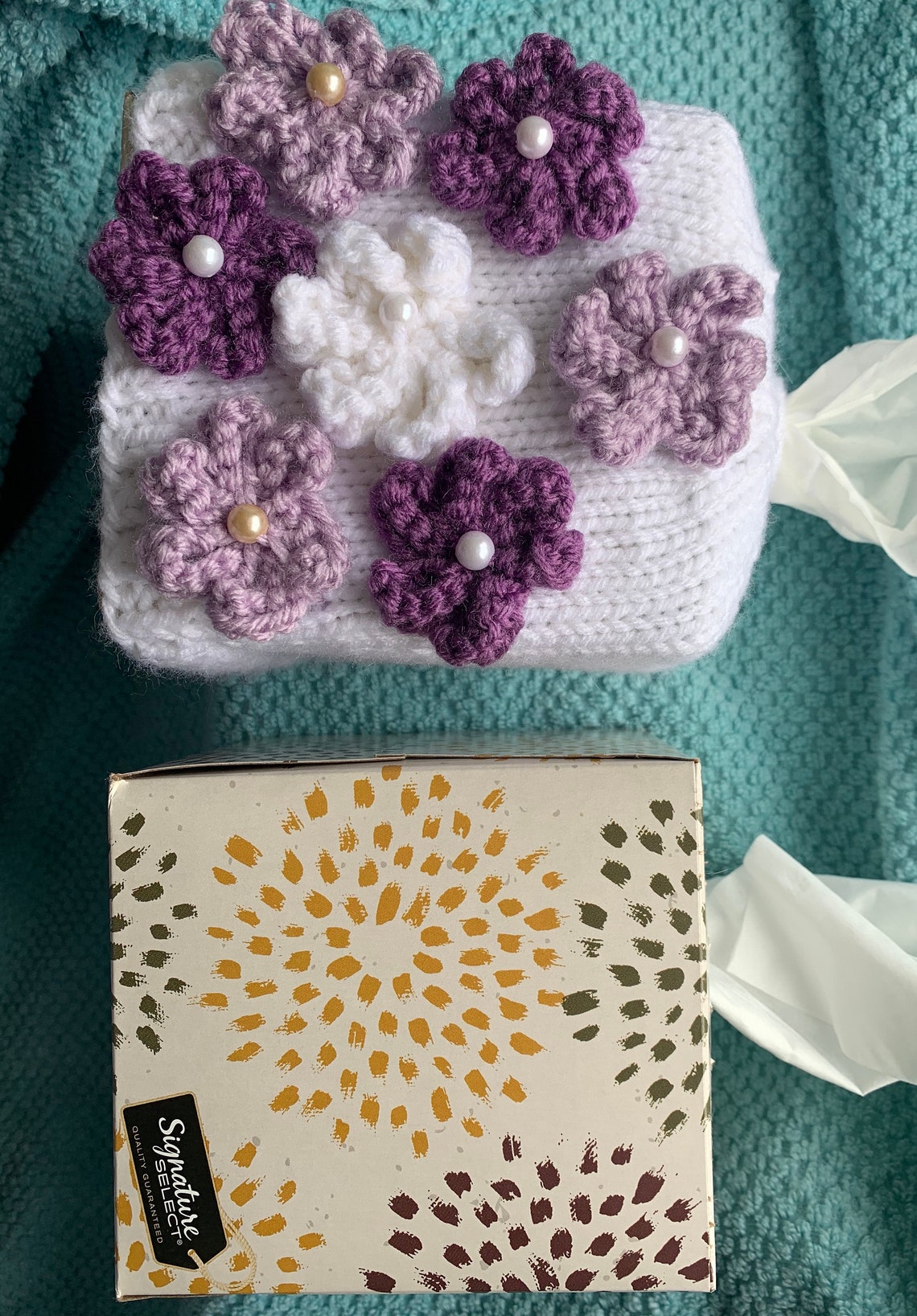 Knit Tissue Box Cover Purple & Lavender Flowers on White Cube Shape - Etsy