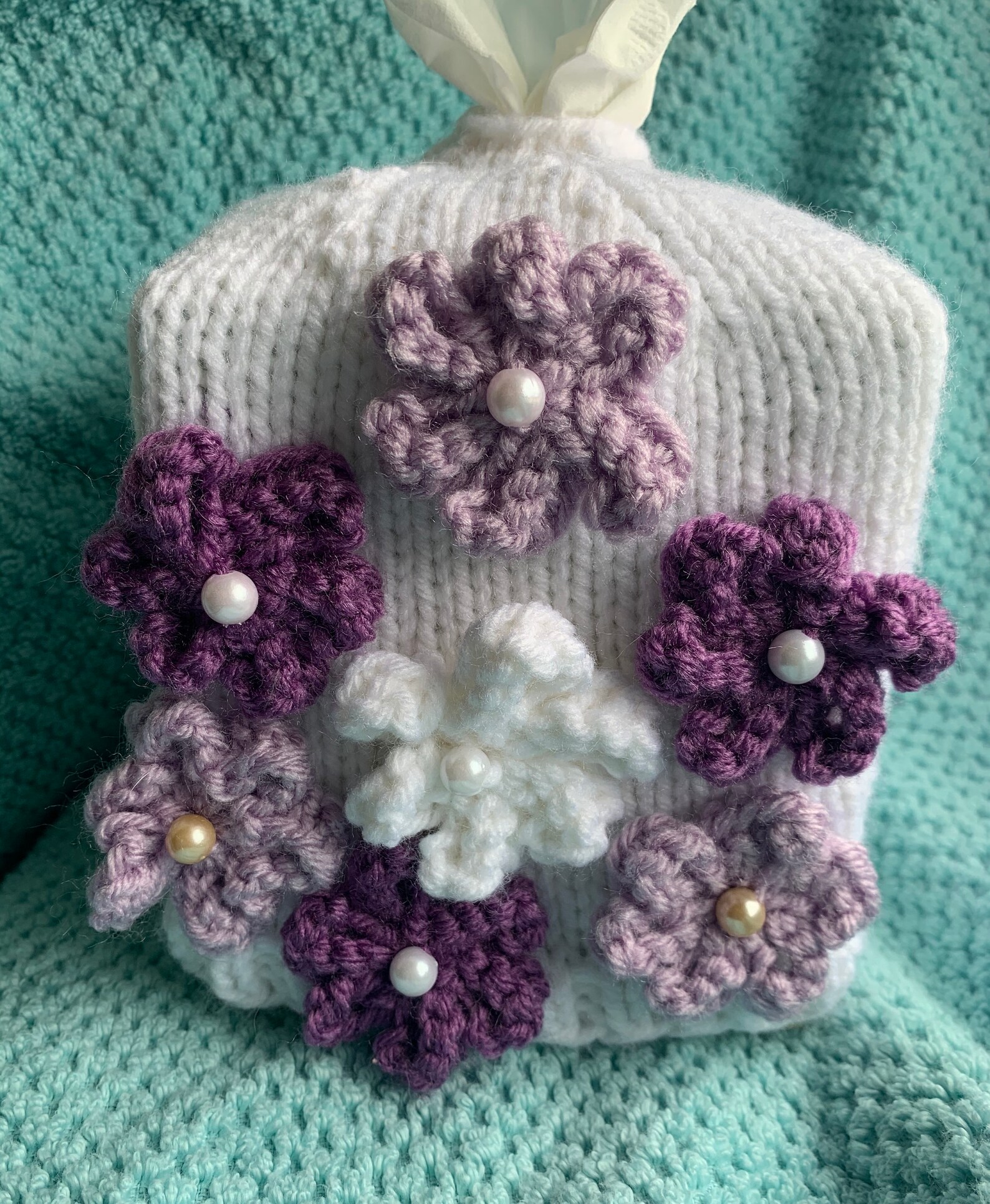 Knit Tissue Box Cover Purple & Lavender Flowers on White Cube Shape - Etsy